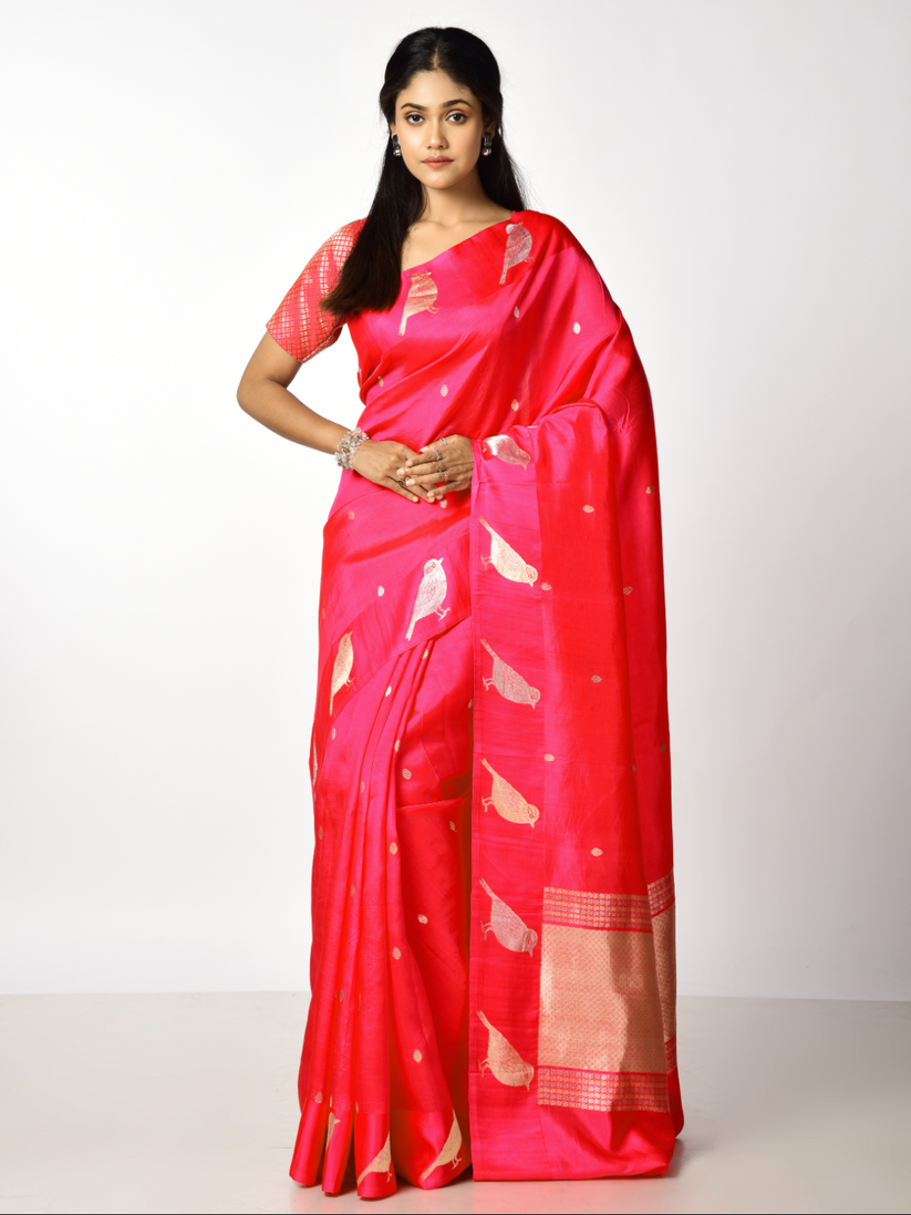 Gulnaar Pure katan silk/ silk single bird butta border – House Of Mogra